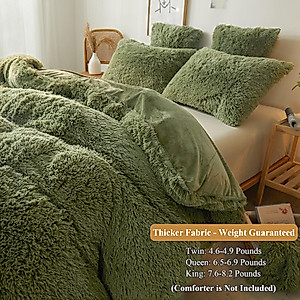XeGe Plush Shaggy Duvet Cover Set, Luxury Soft Crystal Velvet Fluffy Furry Bedding Sets 3 Pieces(1 Faux Fur Fuzzy Comforter Cover + 2 Faux Fur Throw Pillow Shams), Zipper Closure (Queen, Sage Green)