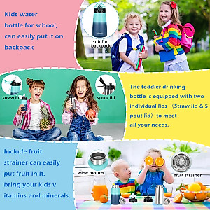 GOPPUS 12 oz Kids Water Bottle with Straw Lid & Spout Lid Vacuum Insulated Stainless Steel Cup Double Wall Kids Metal Water Bottles For School Boys Girls (Blue Navy 2 Lids)
