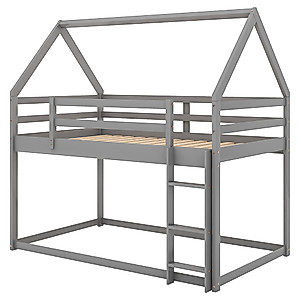 LostCat Bunk Bed Twin Over Twin, Wood Twin Size House Floor Bunk Beds w/Safety Guardrail & Ladder, Space Saving Design, No Box Spring Needed, Gray
