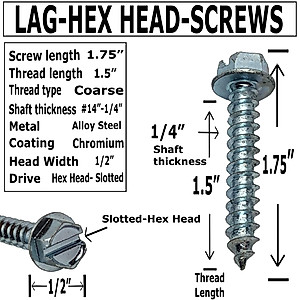 1.5" - #14 Lag Screw - Hex Head - Slotted Flange Head - Coarse Thread - Grade A-Zinc Coated 1-1/2 in x 1/4 in - Heavy Duty Wood Screw (50)