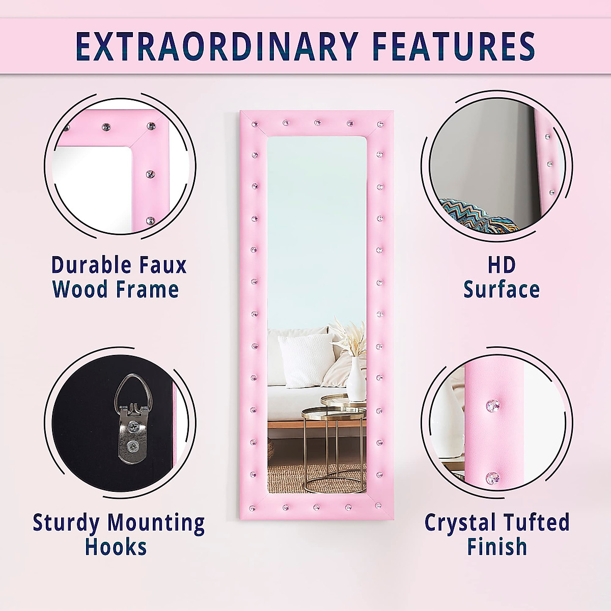 Full Length Mirror with Stand – Burst-Proof, Crystal Tufted Design for Bedroom, Girls Room, and More – Large, Wall Mounted, Floor Length Mirror with Shatterproof Glass and Versatile Mounting - Pink