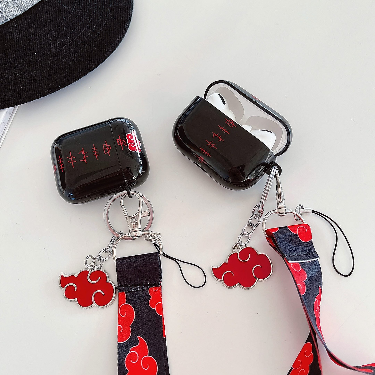 with Red Cloud Lanyard Keychain AirPods Pro Case， Personalised Anime and Unique IMD Process TPU Soft AirPods Pro Case, Black