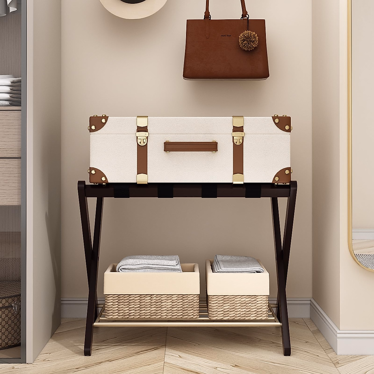 HLR Bamboo Luggage Rack for Guest Room, Folding Suitcase Stand with Metal Shelf&Back, Heavy Duty Luggage Holder for Bedroom, Living Room, Hotel, Espresso and Gold