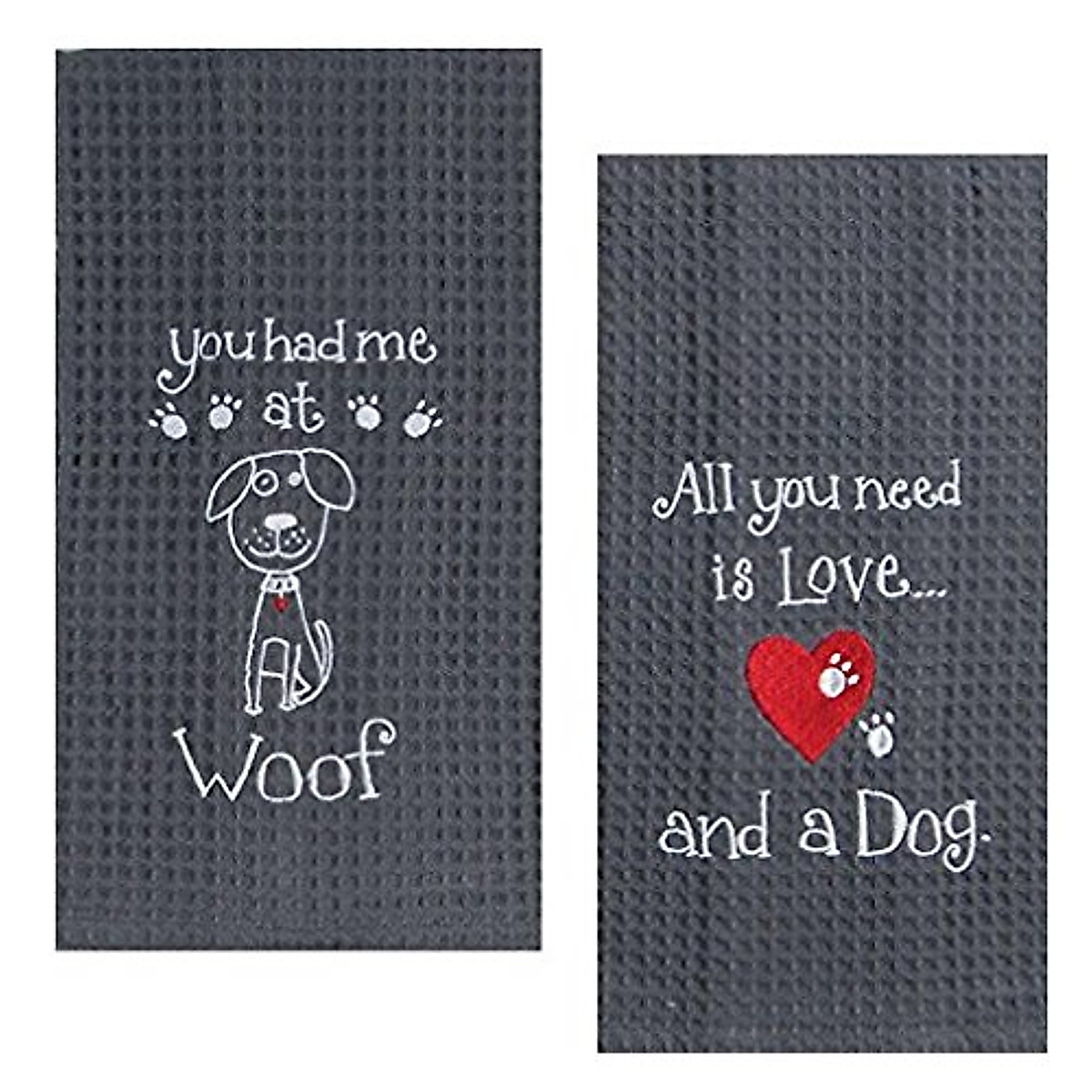 Kay Dee Dog Lover Embroidered Waffle Towel Set - Cotton - One Each You Had Me at Woof & Dog Love