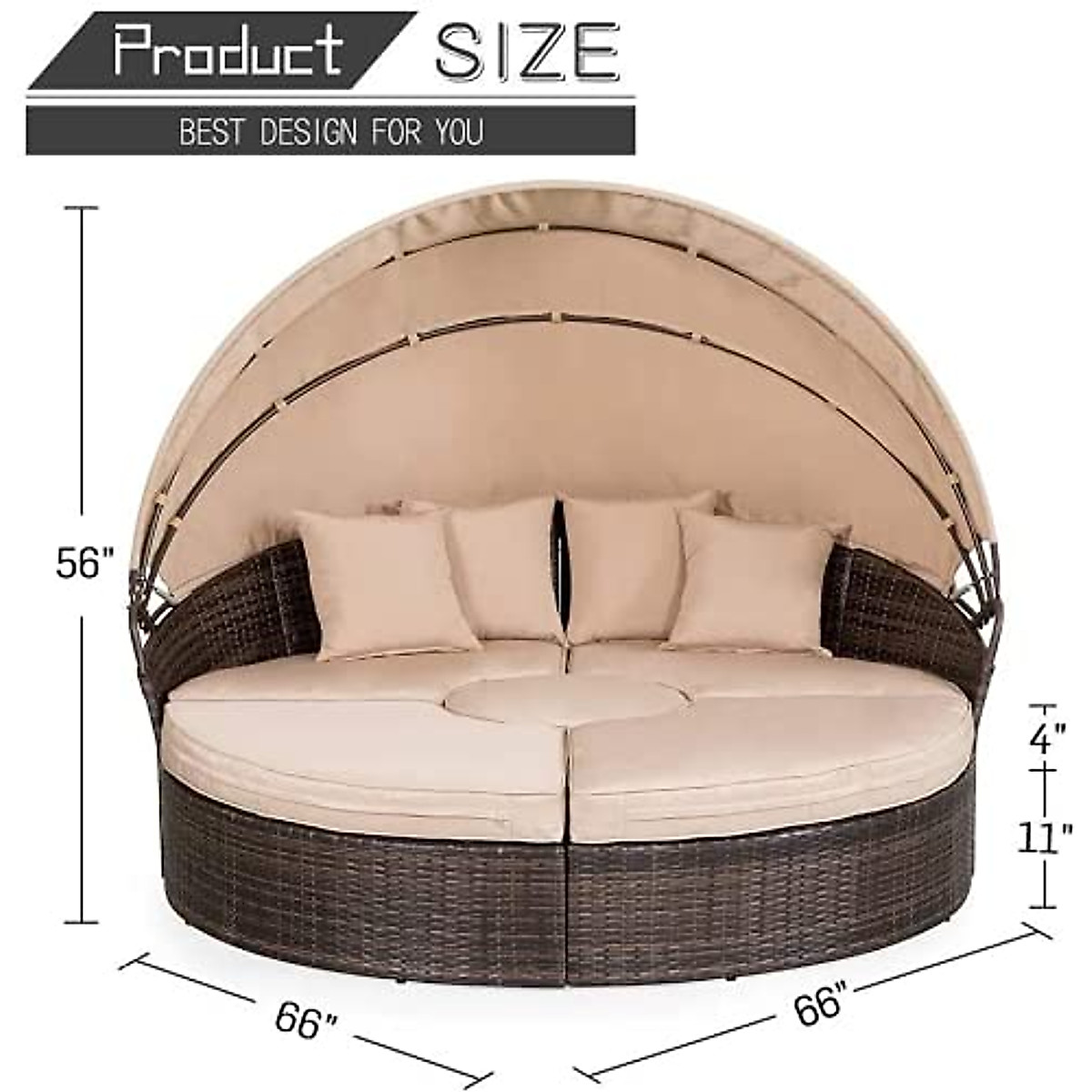Omelaza Outdoor Round Daybed Sofas Patio Furniture with Retractable Canopy, Brown Wicker, 4 Pieces Seating Separates Cushioned Sectional Sofa, and 1 Round Center Table, for Lawn, Poolside, Garden