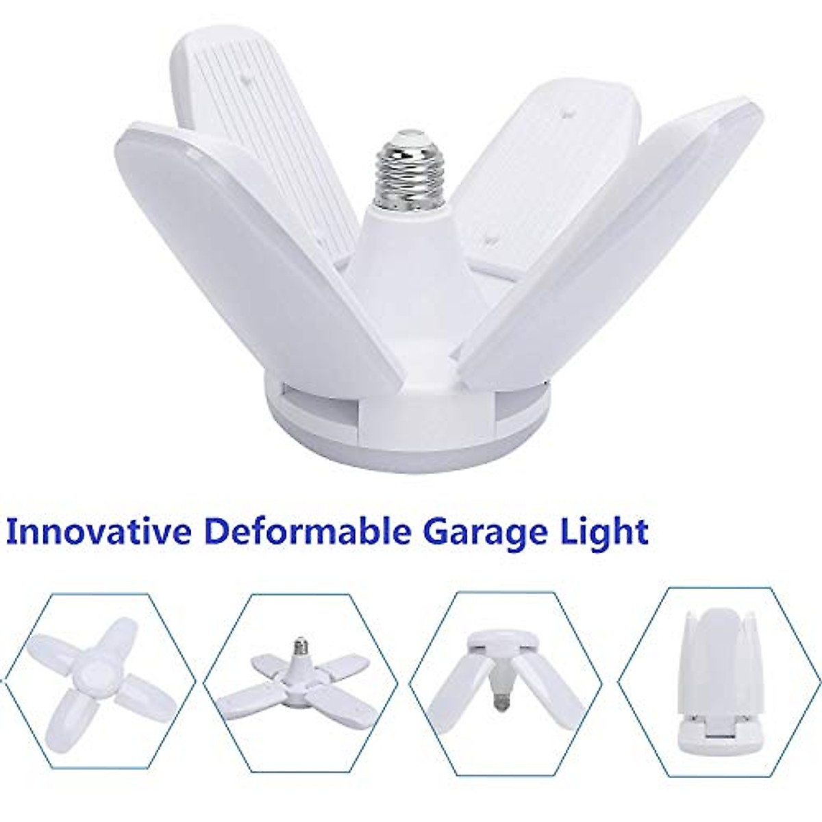 (4 Pack) LED Garage Lights, 60W Trilights Ceiling, High Low Bay Deformable Adjustable 4 Led Light Bulbs 6000LM 6000K, Screw in Tribright Garage Lighting Fixture,CRI80 Daylight