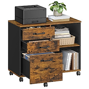 VASAGLE Lateral File Cabinet, Home Office Printer Stand, with 3 Drawers and Open Storage Shelves, for A4, Letter-Size Documents, Rustic Brown + Black