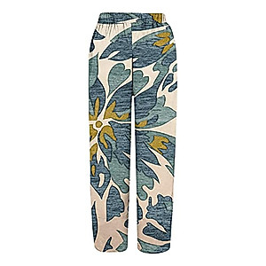 SMIDOW Pants for Women Womens Boho Floral Print Linen Pants Casual Loose Drawstring High Waist Cropped Capris Straight Leg Lounge Trousers