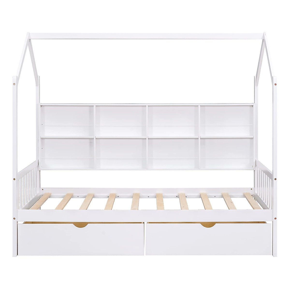 Twin House Bed with 2 Drawers and Storage Shelves, Montessori Bed, Twin Platform Bed Frame with Roof, Tent Bed, Solid Wood Playhouse Bed for Kids Teens Girls Boys (Twin, White)