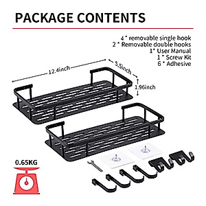 GYSHICAI Shower Caddy Shelf Rack 2Pack, Black Shower Caddy Racks for Inside Shower, Self Adhesive Shower Shelves Bathroom Wall Mount with Hooks, Shower Storage Shampoo Holder Organizer for Rv Steel