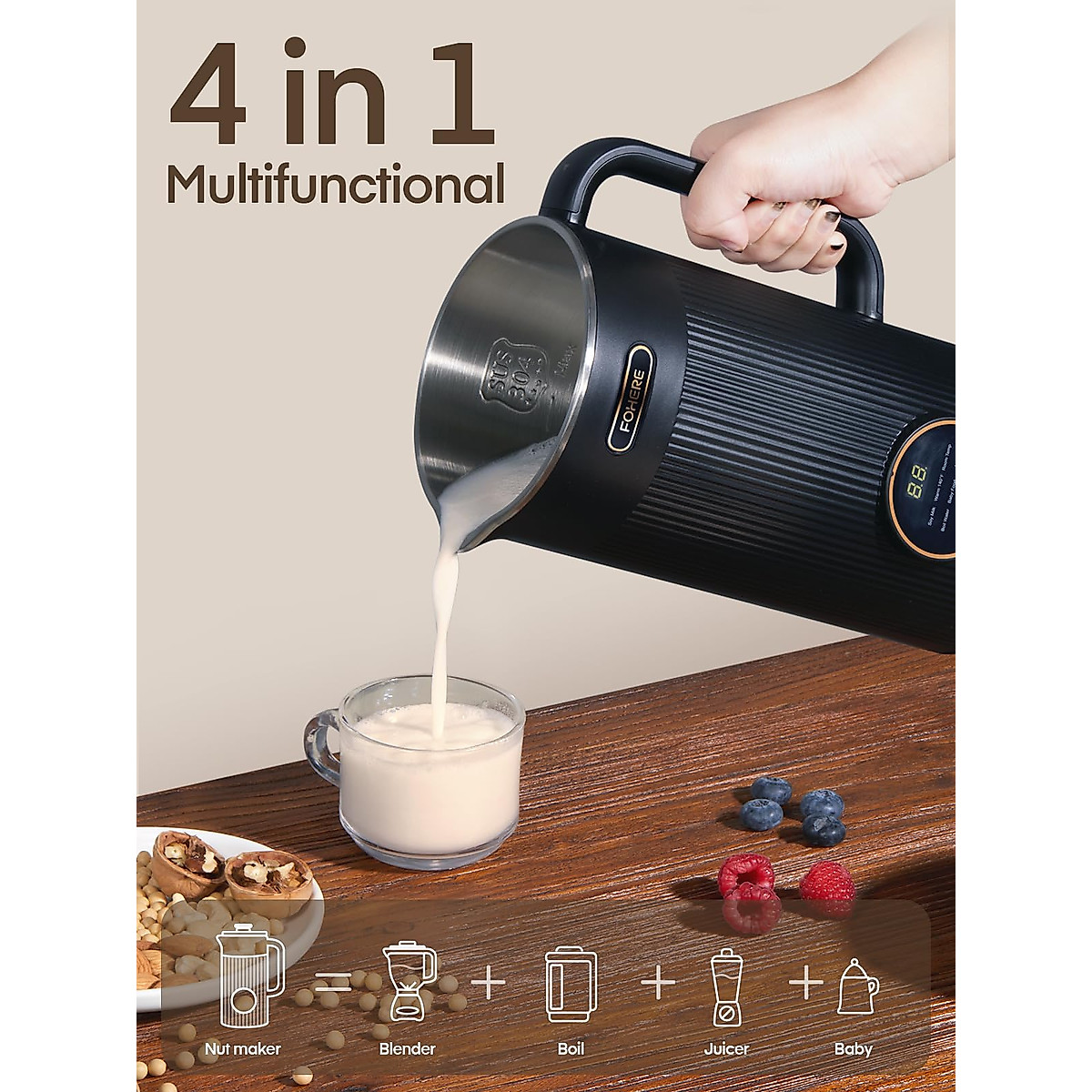 FOHERE 35oz 6 In 1 Nut Milk Maker, 1000ml 800W Automatic Cow Milk Maker Machines Plant-Based Milk, Soy, Oat, Juice, Baby Food, With 12H Timer/Self-Clean/Keep Warm/Boil