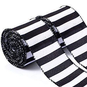 2 Rolls 10 Yards Horizontal Stripe Wired Ribbon Burlap Ribbon for Wreath, Bows Decor (Black)