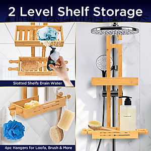 SereneLife Bamboo Hanging Shower Caddy with 2 Tiers, Anti-Slip Design for Bathroom Essentials, Self-Draining Shelves for Easy Organization