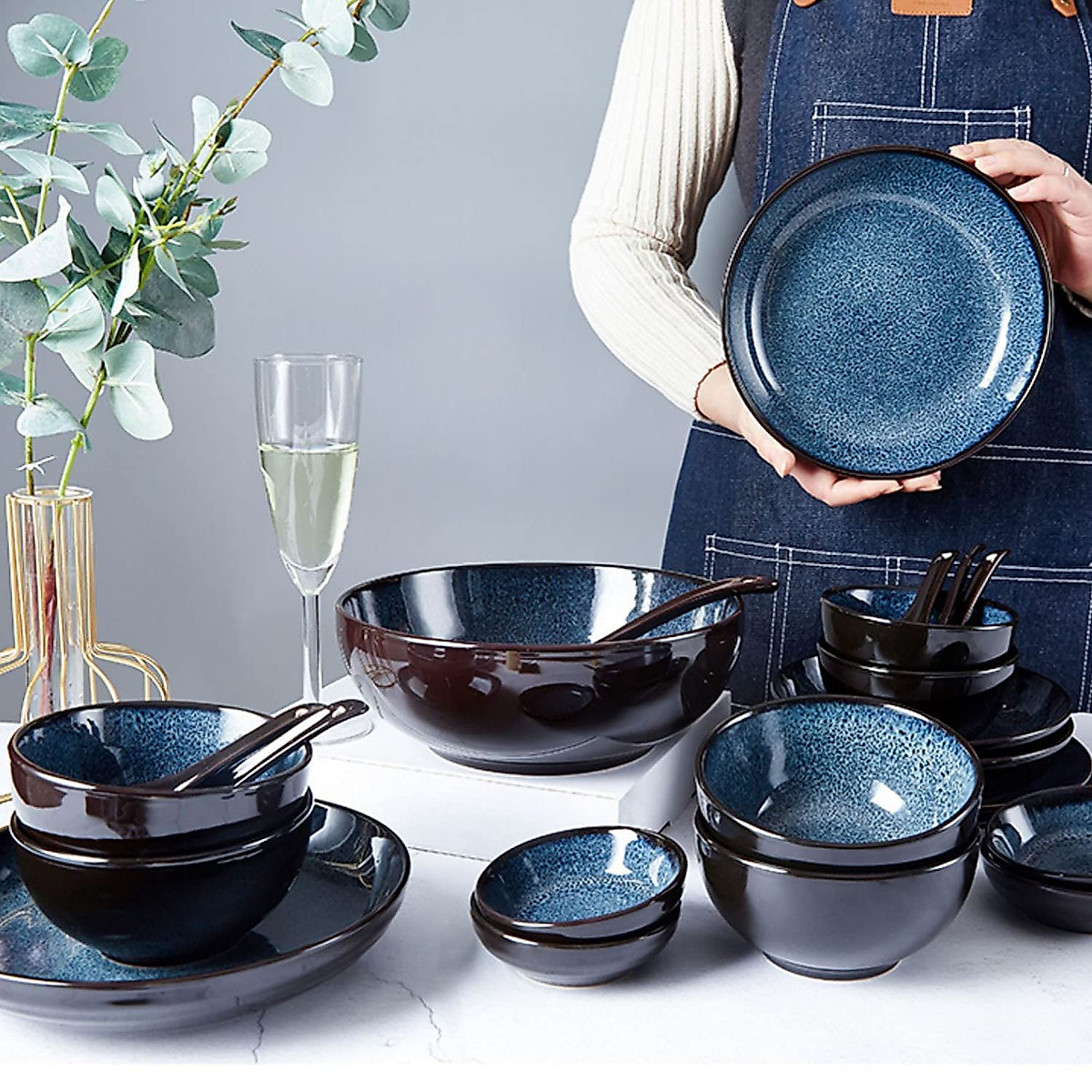 GagalU Porcelain Dinnerware SetDark Night Starry Sky56 Pieces Light Luxury Dinnerware Set Service for 6-8, Anti-Scalding Ceramics Bowl and Plate Combination