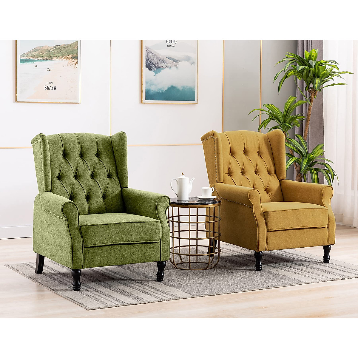 Artechworks Winged Fabric Modern Accent Chair Tufted Arm Club Chair Linen Single Sofa with Wooden Legs Comfy Upholstered for Reading Living Room Bedroom Office, Green