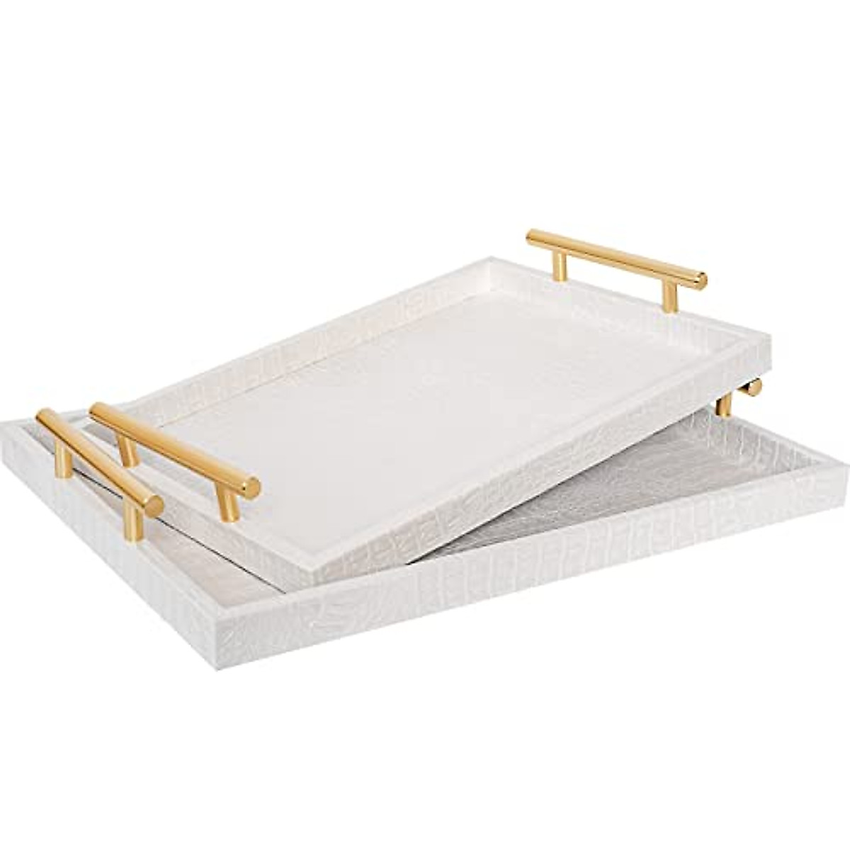 JUMBO HUMBLE Modern Elegant Large Wood Serving Tray, Set of 2 Pearl White Crocodile Leather with Gold Polished Metal Handles, Rectangle Decorative Tray Ottoman Tray Coffee Table Tray for Living Room