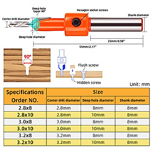 SENDRILL Wood Working Countersink Drill Bit Set Round Shank for Timber Working, with Hex Key Wrench（6PCS)