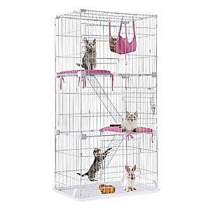 BIQWBIC 3-Tier 67 Inch Large Cat Cage, White, Collapsible, Hammock, 3 Cat Beds, 2 Ramp Ladders, Easy Litter Cleaning, Quick Installation