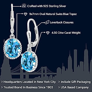 Gem Stone King 925 Sterling Silver Swiss Blue Topaz Leverback Dangle Earrings For Women (4.50 Cttw, Gemstone November Birthstone, Oval 9X7MM)