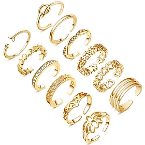 Honsny 12PCS 14K Gold/Silver Plated Toe Rings for Women Adjustable Band Rings Open Flower CZ Toe Ring Set Beach Foot Jewelry