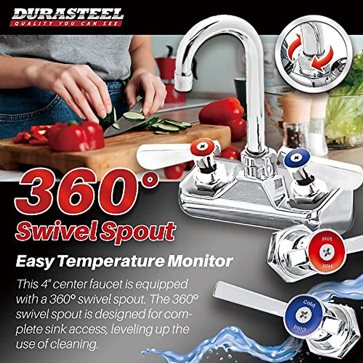 Kitchen Sink No Lead Faucet - DuraSteel 4" Center Wall Mounted Commercial Kitchen Sink Faucet with 3-1/2" Gooseneck Spout - NSF Certified - Dual Lever Handles - Brass Constructed & Chrome Polished