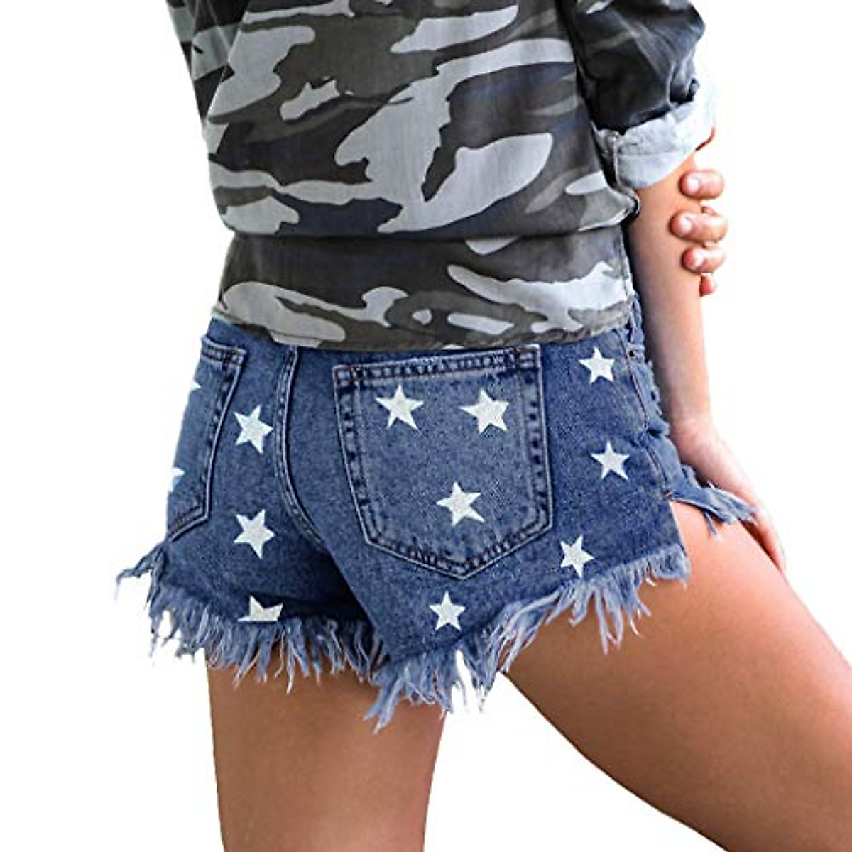 New Slim Tassel Shorts,THENLIAN Women Sexy Star Print High Waist Jeans Button Pocket Pants(S, Dark Blue)