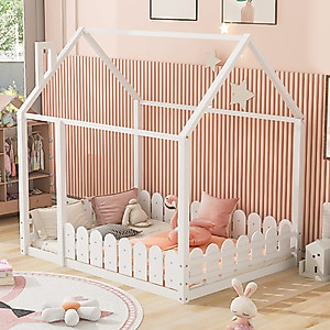 Harper & Bright Designs House Full Bed for Kids, Full Size Bed Frame with Pine Wood Roof, Fence-Shaped Guardrails, Cabin Bed, Floor Bed for Kids, Teens (White, Full Size)