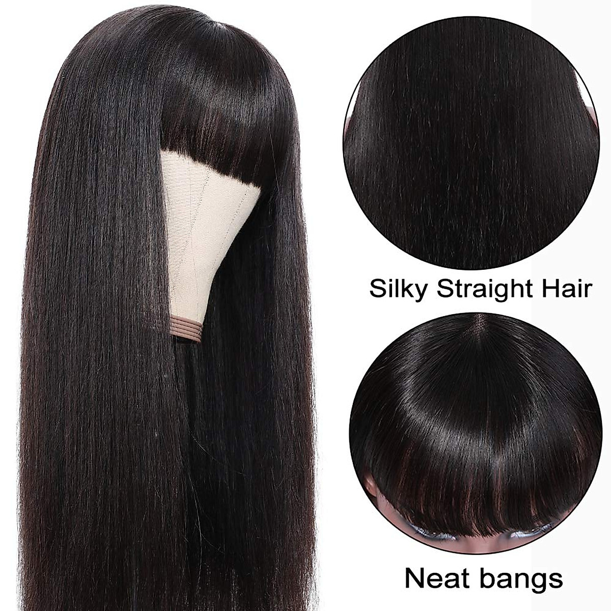 Lzlefho Silky Brazilian Virgin Straight Human Hair Wigs with Bangs 130% Density None Lace Front Wigs (Natural Black, 16inch)