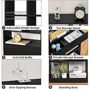 LELELINKY 6 Tier Open Bookshelf Mid Century Modern Bookcase, Wood Book Shelf with 8 Cubes and a Drawer, Floor Freestanding Bookshelves Cube Storage Organizer for Bedroom, Living Room, Office (Black)