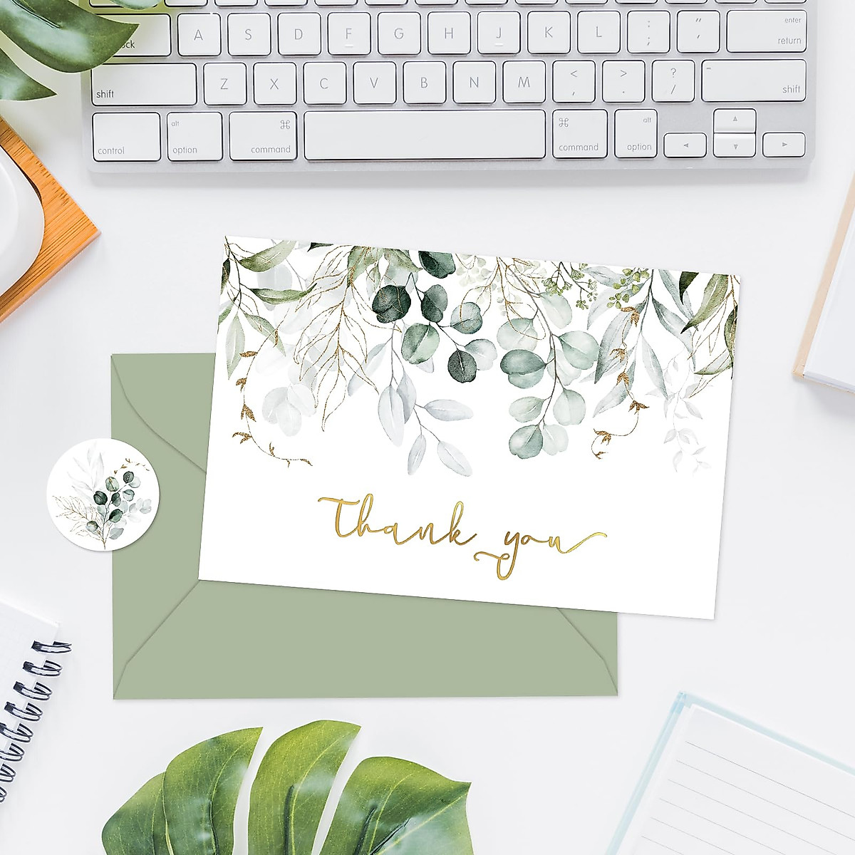 Whaline 24 Pack Greenery Thank You Cards Gold Foil Eucalyptus Leaves Thank You Note Cards with Envelopes Stickers for Spring Wedding Baby Shower