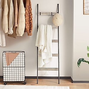 ELYKEN Blanket Ladder for Living Room, Farmhouse 5 -Tier Quilt Holder with 4 Removable Hooks for Bathroom, Wood Towel Rack Display, Wall Anchor Leaning Decorative Stand for Home Decor, White Oak