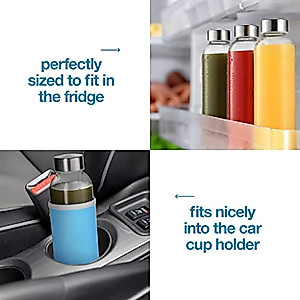 glass bottles 6 Pack 18oz - Includes 6 Sleeves (COLORS MAY VARY) - glass drinking bottles for Beverage and Juice - water bottle glass with stainless Steel Caps with - Leak-Proof Lid