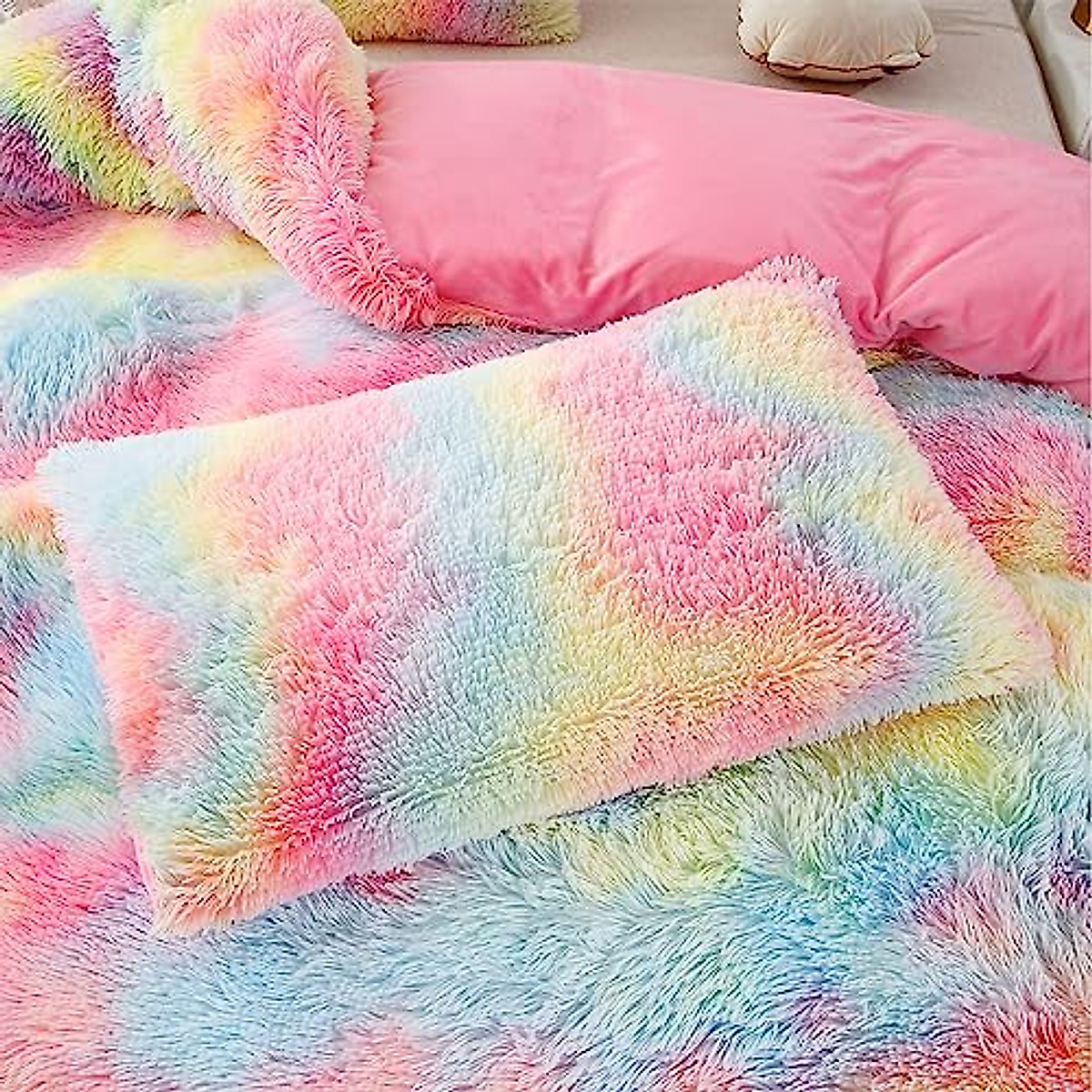 PERFEMET Pink Faux Fur Fluffy Comforter Twin 3-Piece Colorful Rainbow Plush Shaggy Bedding Sets for Girls Tie Dye Fuzzy Furry Comforter Set(Pink, Twin)