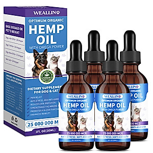 WEALLIN Hemp Oil for Dogs and Cats - Omega-3, 6, 9 Rich Organic Extract - Eases Pet Anxiety, Pain, Skin & Coat Health - Stress Relief, Hip & Joint Support - Calming Treats (4 Pack)