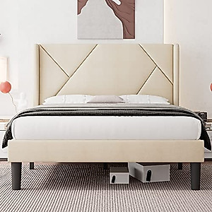 iPormis Queen Size Platform Bed Frame with Wingback, Geometric Upholstered Bed Frame with Headboard, Wood Slats Support, No Box Spring Required, Beige