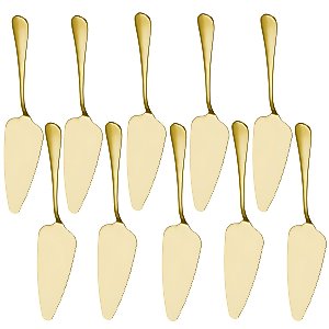 Ymeibe Stainless Steel Cake Server Pack of 10 Pie Holder Transfer Triangular Spade Spatula Serrated Edge for Pizza Cake Baking Safe in Dishwasher (Gold)