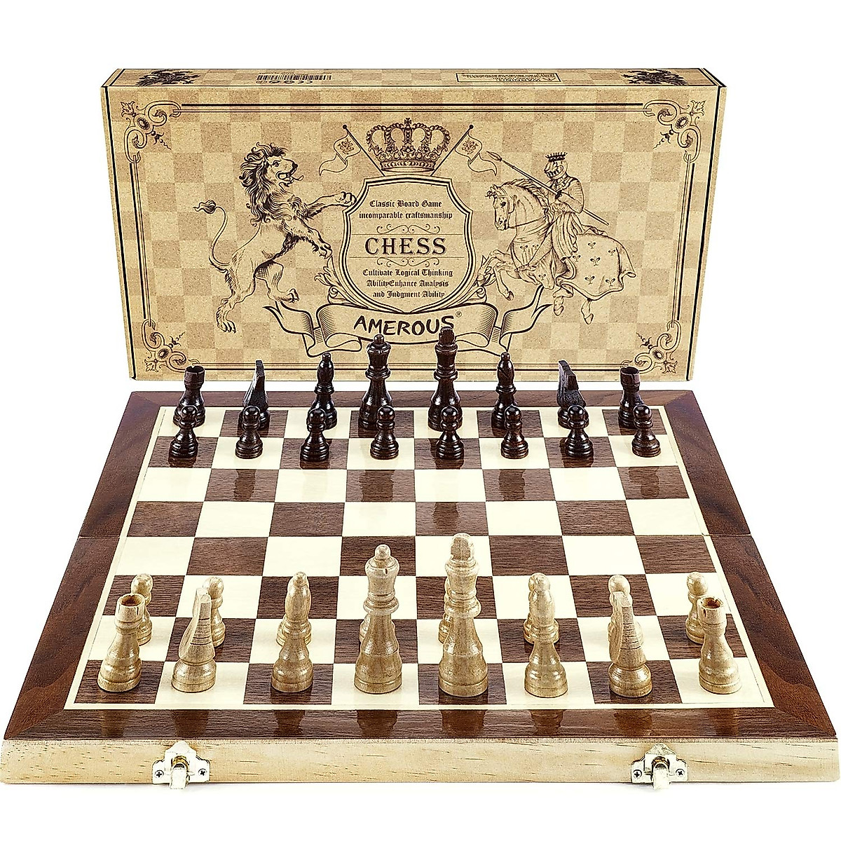 AMEROUS Chess Set, 15"x15" Folding Magnetic Wooden Standard Chess Game Board Set with Wooden Crafted Pieces and Chessmen Storage Slots