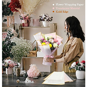 Unarty 20 Sheets 5 Colors Flower Wrapping Paper, Waterproof Bouquet Wrapping Paper with Gold Edge, Floral Wrapping Paper 22.8 x 22.8 Inch, Black, Pink, White, Red, Champagne Colors