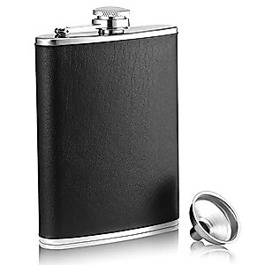 KITVINOUS Hip Flask for Liquor, 8oz Stainless Steel Leakproof Whiskey Flask with Funnel, Classic Gift Idea Flasks with Never-Lose Cap for Men and Women, Black
