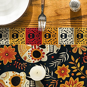Artoid Mode Sugar Skull Yellow Daisy Day of The Dead Table Runner, Dia De Los Muertos Mexican Kitchen Dining Table Decoration for Home Party Decor 13x72 Inch