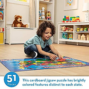 Melissa & Doug Turn & Tell Wooden Clock - Educational Toy with 12+ Reversible Time Cards and USA Map Floor Puzzle (51 pcs, 2 x 3 feet), Multi