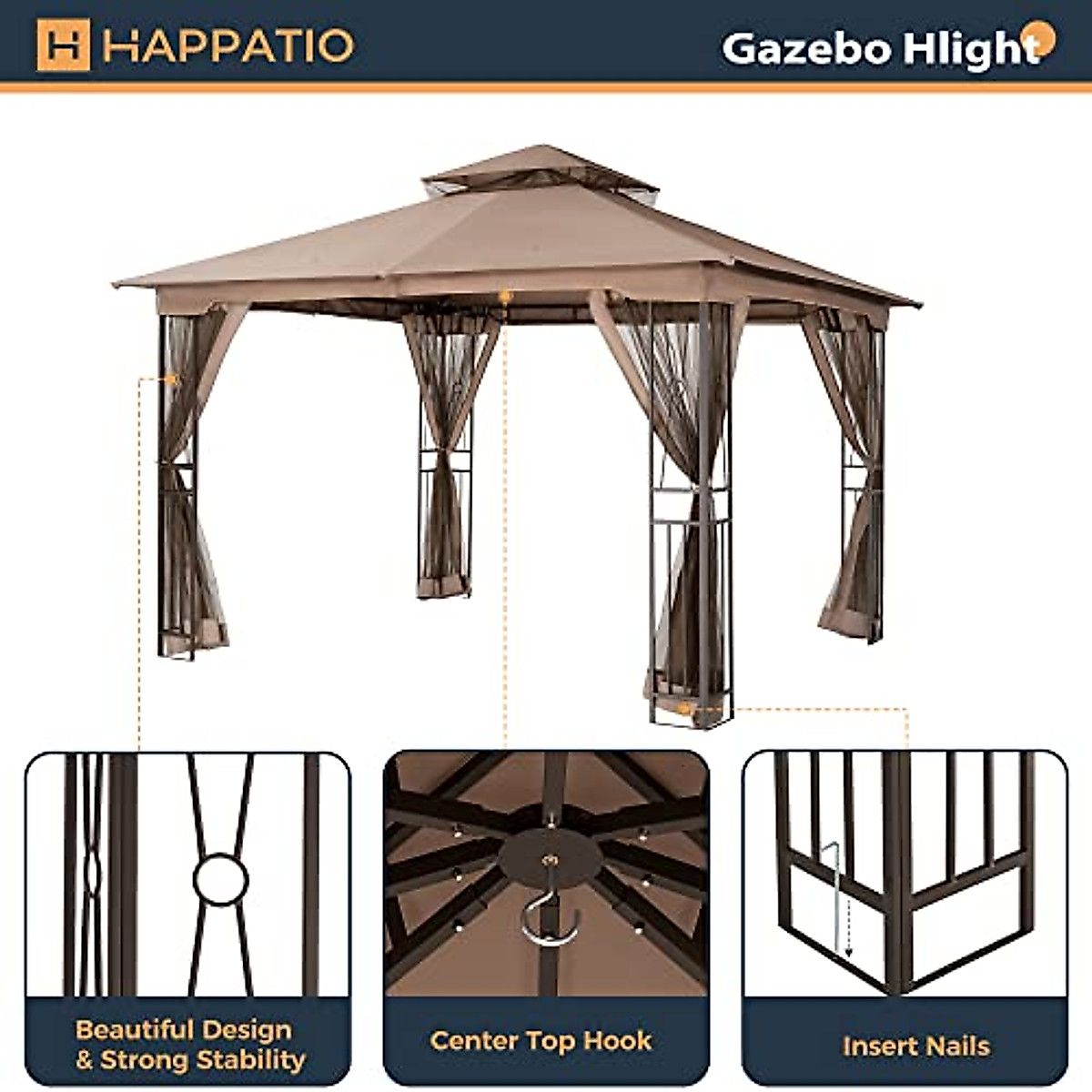HAPPATIO 10' X 12' Patio Gazebo with Ventilation Double Roof，Outdoor Gazebo with Mosquito Netting for Lawn, Garden (Light Brown)