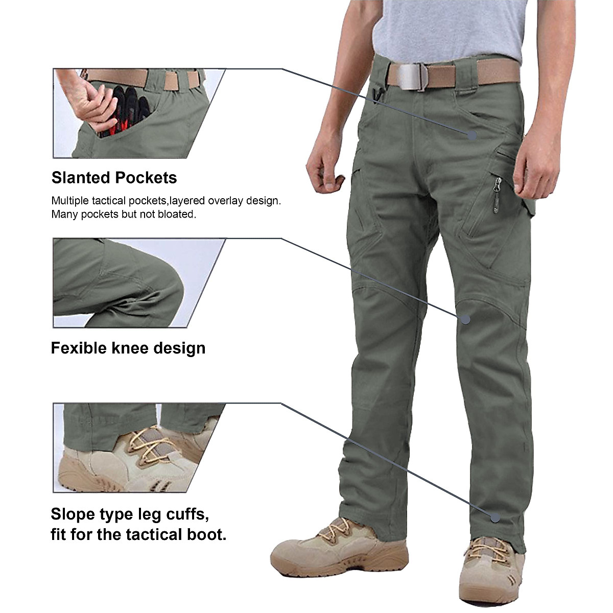 Susclude Men's Tactical Pants Stretch, 9 Pockets Rip Stop Lightweight Cargo Work Military Trousers Outdoor Hiking Plus Size Pants Gray Green 38Wx32L