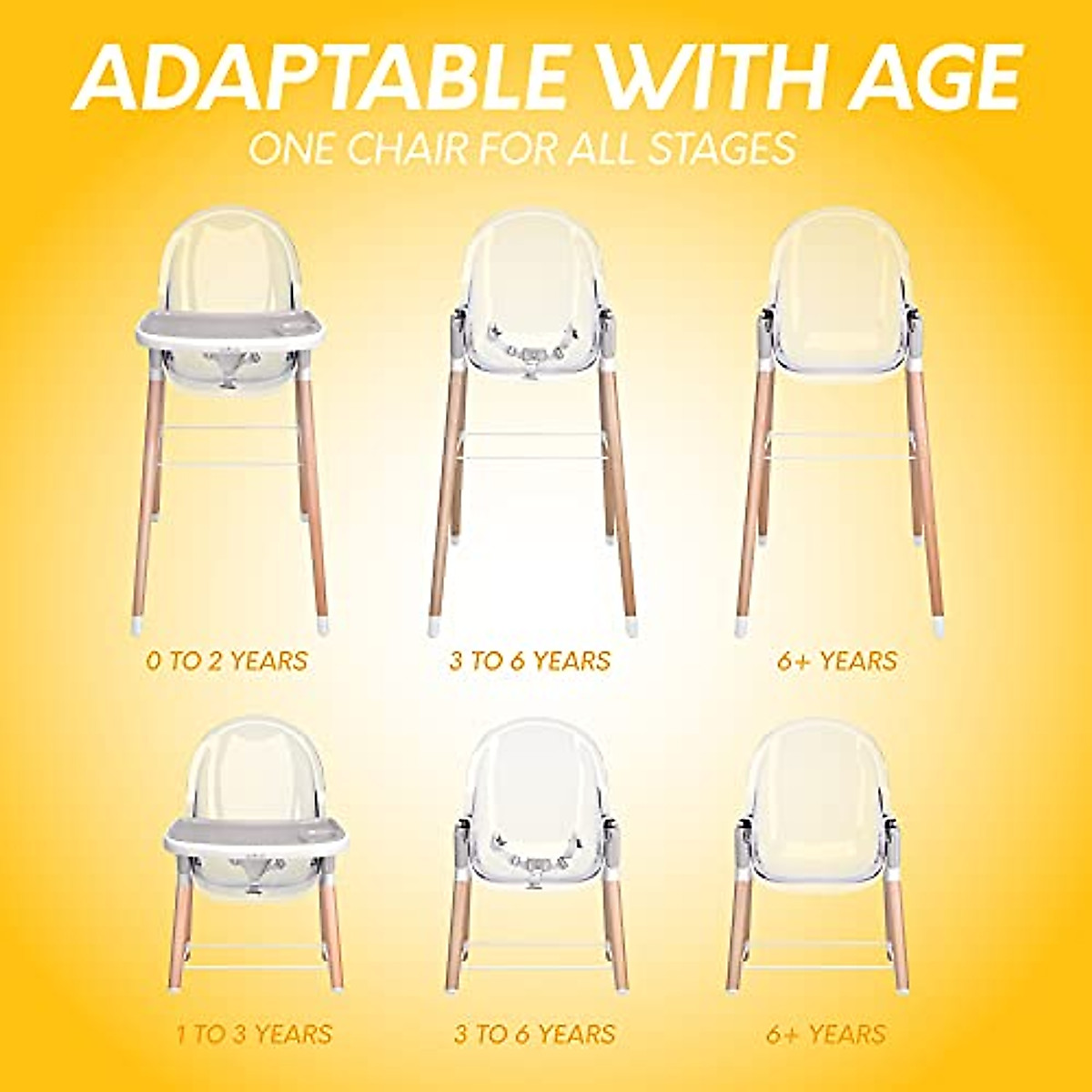 Children of Design 6 in 1 Deluxe Wooden High Chair for Babies & Toddlers, Modern Safe & Compact Baby Highchair, Easy to Clean, Removable Tray, Easy to Assemble, 6 Options 3 Seat Positions 2 Heights