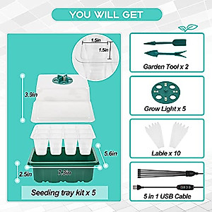 Seed Starter Tray Kit with Grow Light(2023 Upgrade 8 Full-Spectrum LED, Timer, Dimming, Higher Humidity Dome) 5 Pack Seedling Sprouting Trays Indoor Gardening Gifts Supplies Greenhouse Germination Kit