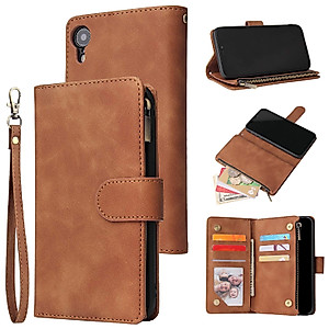 UEEBAI Wallet Case for iPhone XR, Premium Vintage PU Leather Magnetic Closure Handbag Zipper Pocket Cover Kickstand Card Holder Slots with Wrist Strap TPU Shockproof Flip Case for iPhone XR - Brown