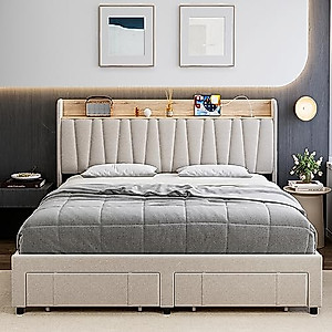 GAOMON King Size Bed Frame with 2 Storage Drawers, Upholstered Platform Bed Frame with Storage Headboard and Charging Station, Mattress Foundation with Solid Wooden Slats Support, No Box Spring Needed, White