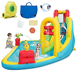 BOUNTECH Inflatable Water Slide, Mega Waterslide Park for Kids Backyard Family Fun with 480w Blower, Climbing, Water Basin, Blow up Water Slides Inflatables for Kids and Adults Outdoor Party Gifts