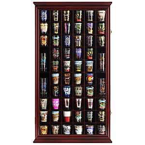 DisplayGifts Solid Wood Shot Glass Shooter Display Case Holder Cabinet Wall Rack Hinged Glass Door 56 Slot Cherry Finish