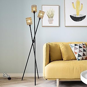 Stepeak Rattan Tripod Floor Lamp, Boho Farmhouse Floor Lamps for Living Room with ON/Off Foot Switch, 3-Lights Modern Standing Lamp with Rattan Shades, Wicker Tall Floor Lamp for Bedroom Office